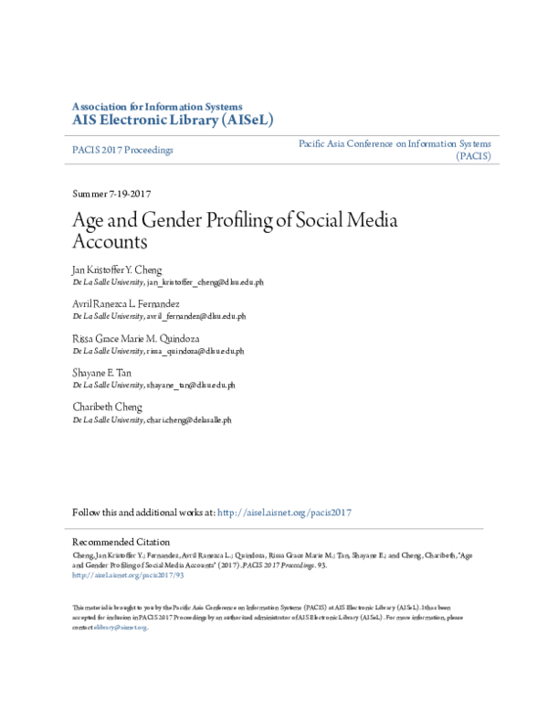 (PDF) Age and Gender Profiling of Social Media Accounts | Charibeth ...