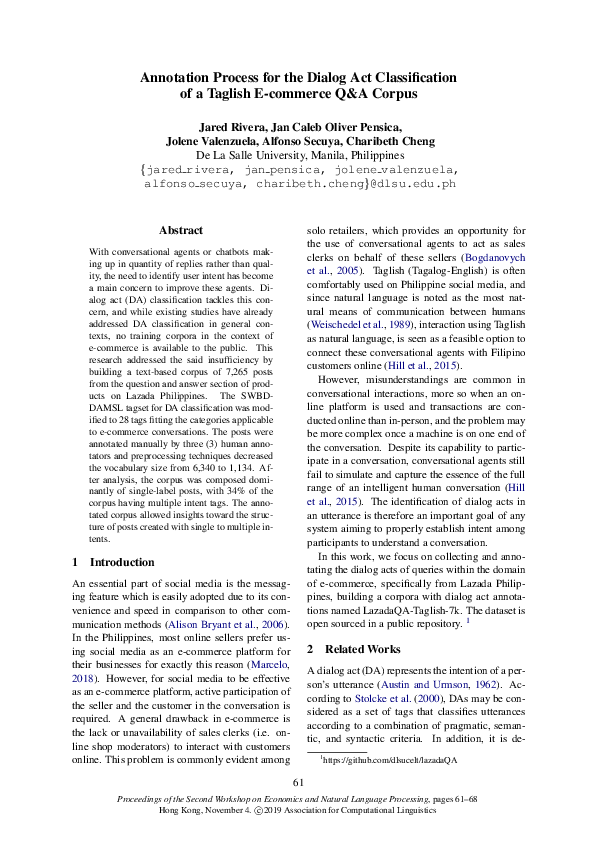 Pdf Annotation Process For The Dialog Act Classification Of A Taglish E Commerce Q Corpus
