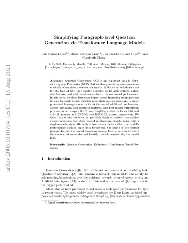 (PDF) Simplifying Paragraph-Level Question Generation via Transformer Language Models