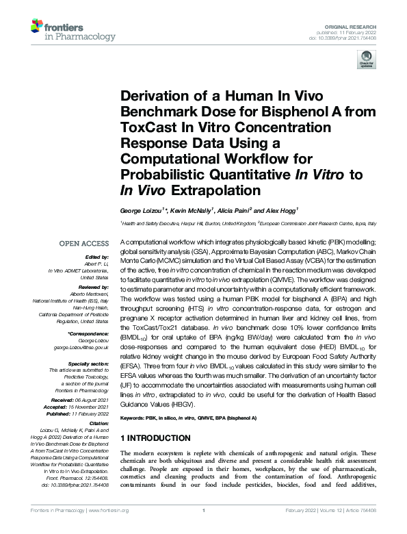 (PDF) Derivation of a Human In Vivo Benchmark Dose for Bisphenol A from ToxCast In Vitro ...