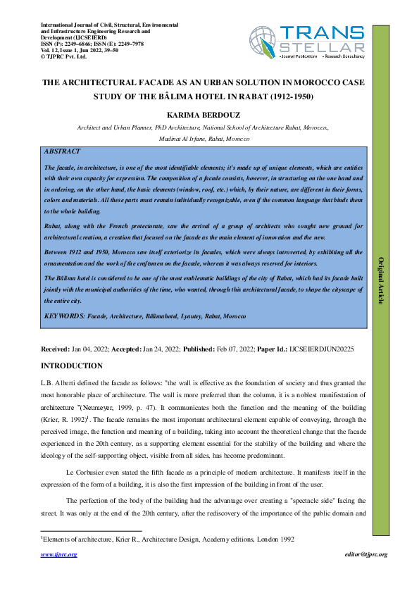 (PDF) THE ARCHITECTURAL FACADE AS AN URBAN SOLUTION IN MOROCCO CASE ...