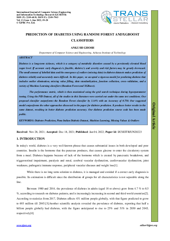 (PDF) PREDICTION OF DIABETES USING RANDOM FOREST ANDXGBOOST CLASSIFIERS