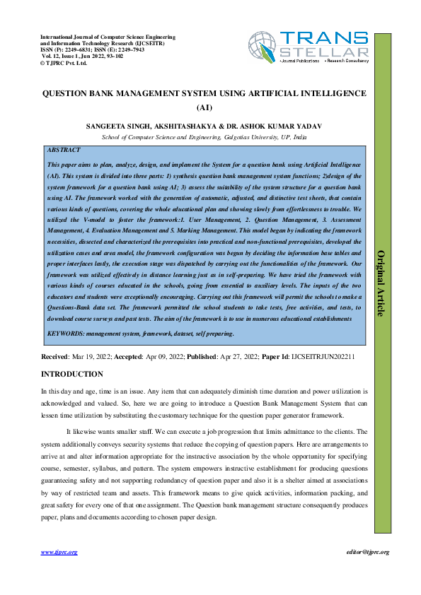 (PDF) QUESTION BANK MANAGEMENT SYSTEM USING ARTIFICIAL INTELLIGENCE (AI