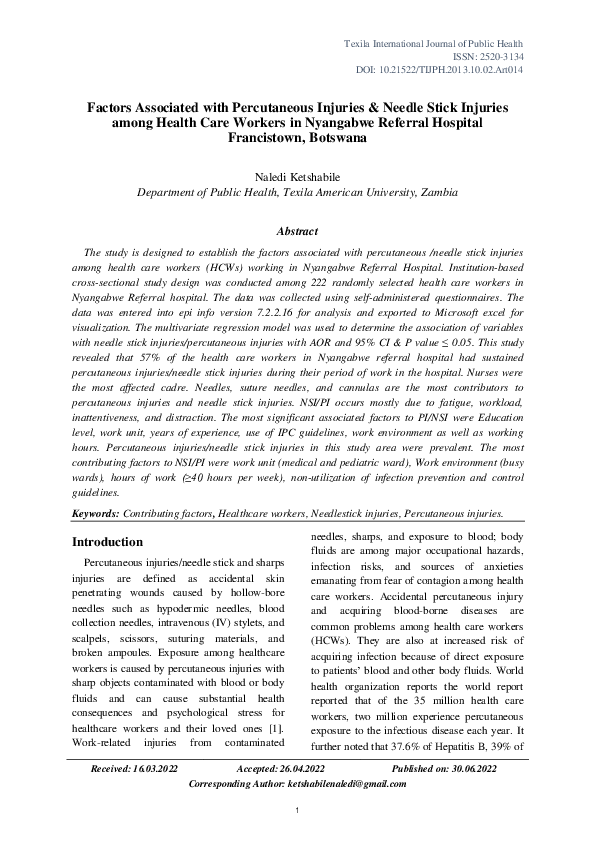 (PDF) Factors Associated with Percutaneous Injuries & Needle Stick ...