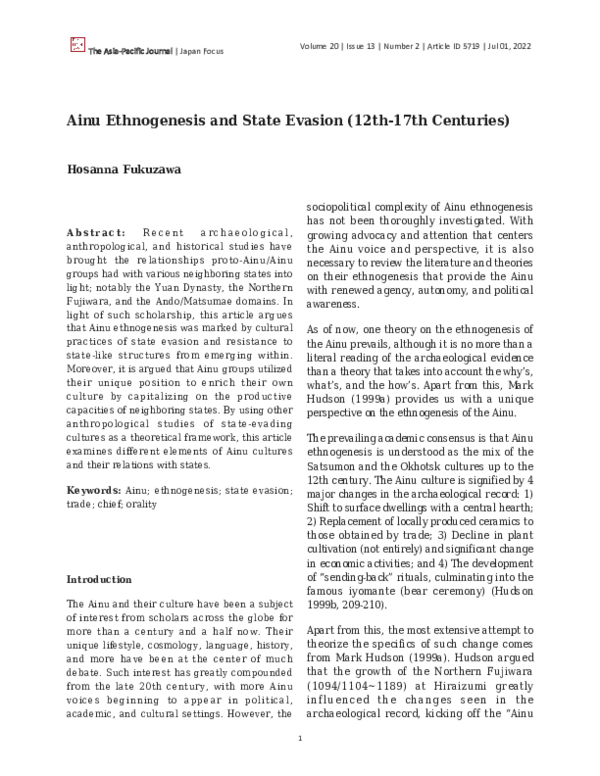 (PDF) Ainu Ethnogenesis and State Evasion (12th-17th Centuries)