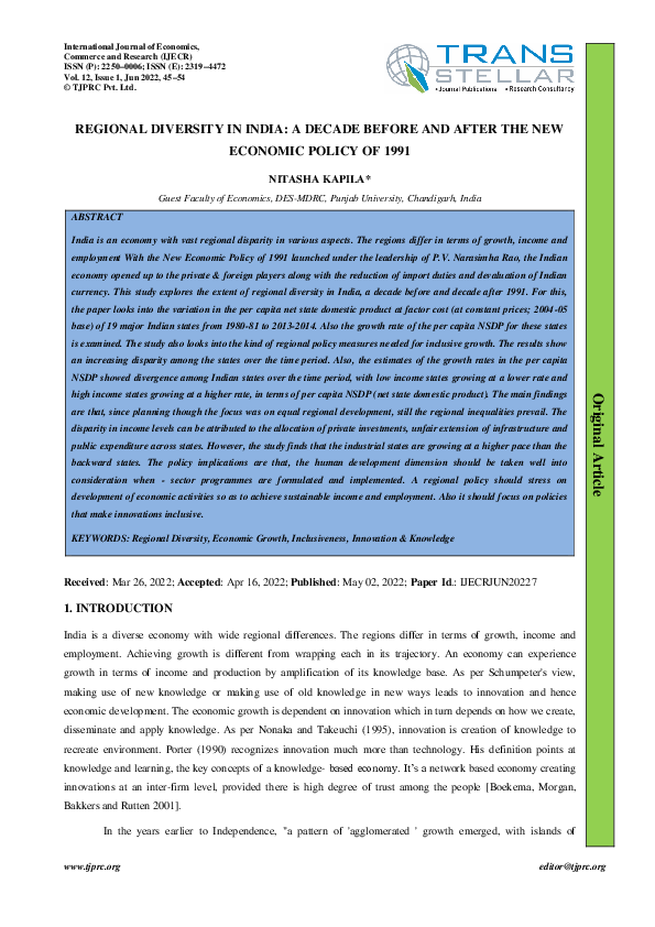 (PDF) REGIONAL DIVERSITY IN INDIA: A DECADE BEFORE AND AFTER THE NEW ...