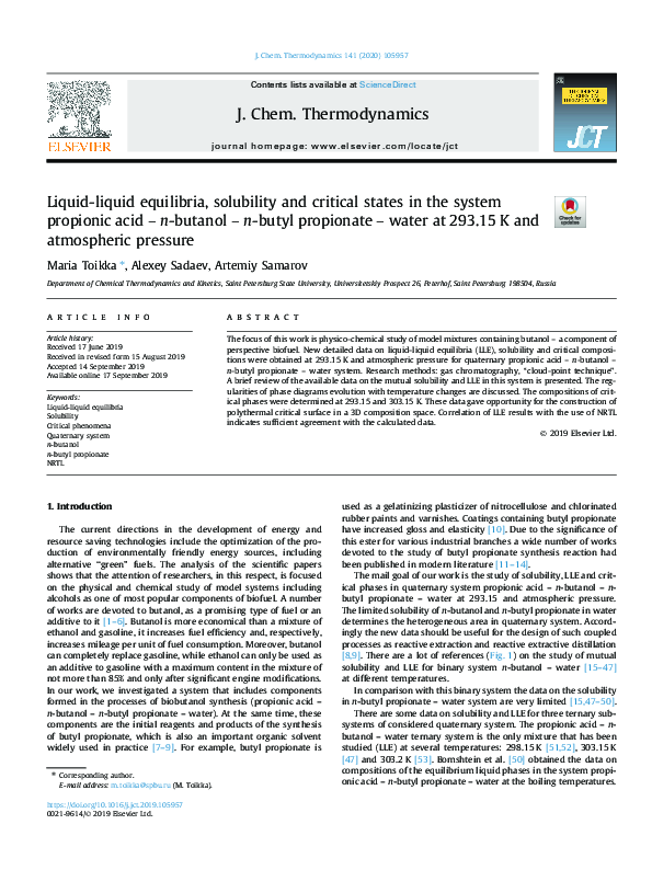 (PDF) Liquid-liquid equilibria, solubility and critical states in the ...