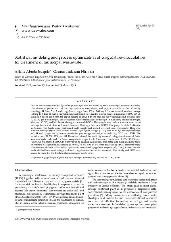 (PDF) Statistical modeling and process optimization of coagulation-flocculation for treatment of ...