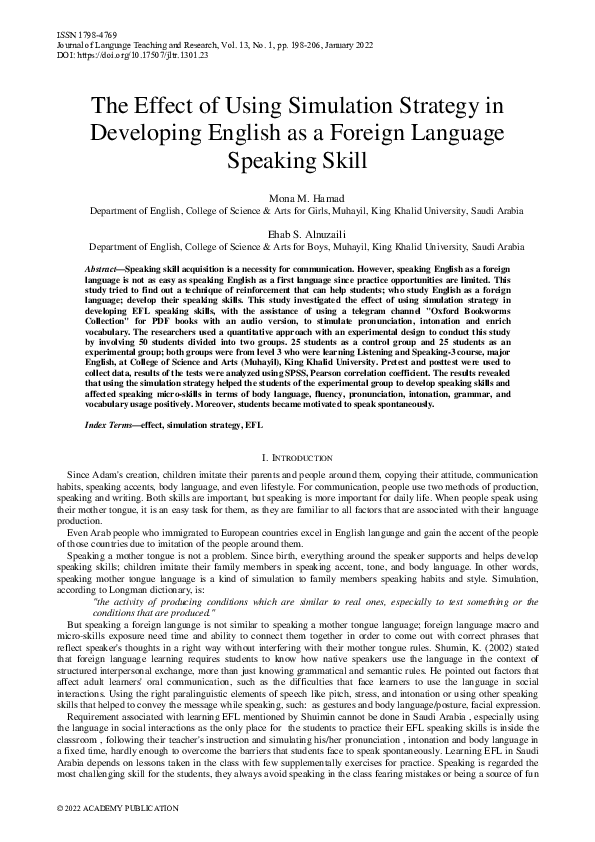 Pdf The Effect Of Using Simulation Strategy In Developing English As A Foreign Language