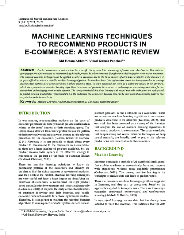 (PDF) Machine Learning Techniques to Recommend Products in E Commerce A ...