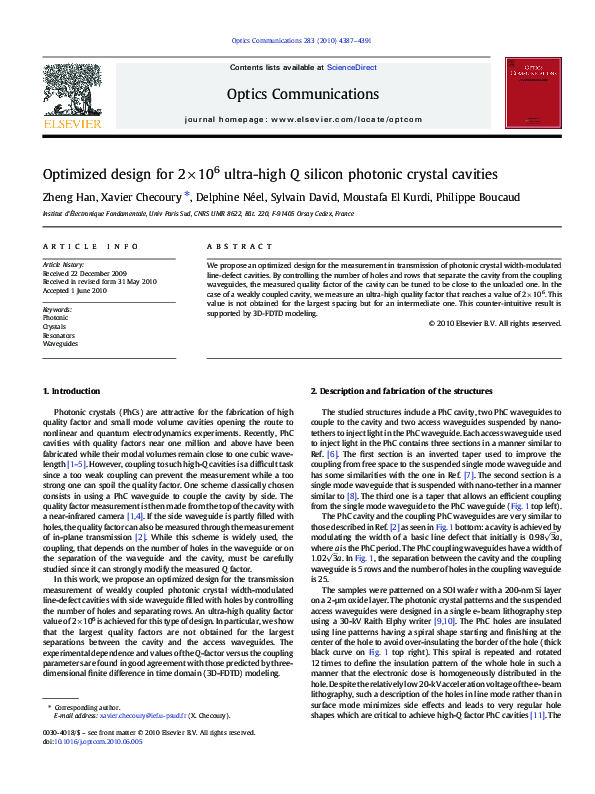 (PDF) Optimized design for 2×106 ultra-high Q silicon photonic crystal cavities