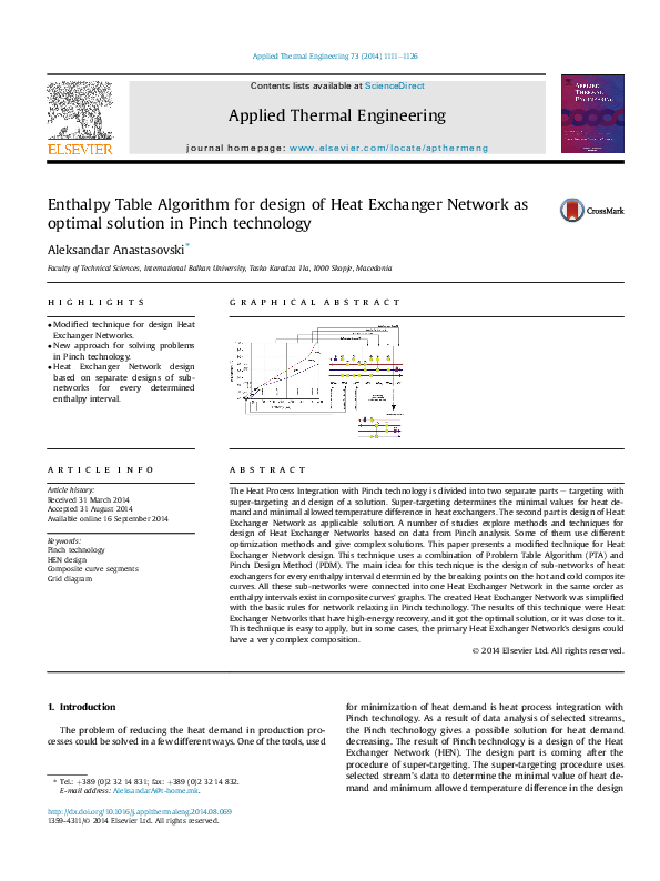 (PDF) Enthalpy Table Algorithm for design of Heat Exchanger Network as ...