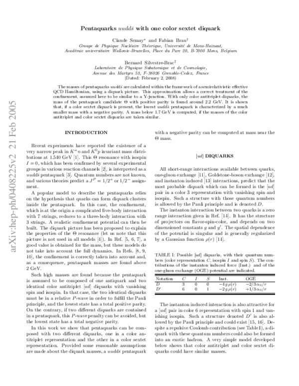 (PDF) Pentaquarks uuddq̅ with One Color Sextet Diquark | Claude Semay ...