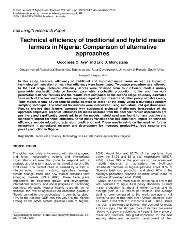 (PDF) Technical efficiency of traditional and hybrid maize farmers in Nigeria: Comparison of ...