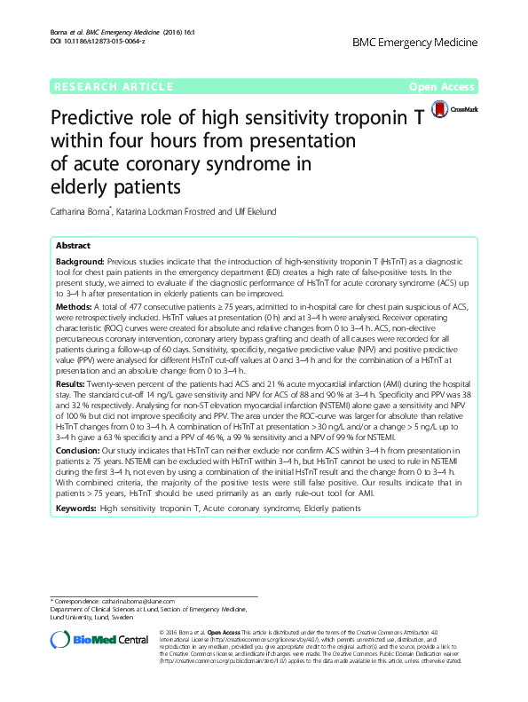 (PDF) Predictive role of high sensitivity troponin T within four hours ...