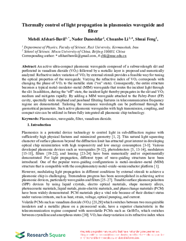 (PDF) Thermally Control of Light Propagation in Plasmonics Waveguide and Filter
