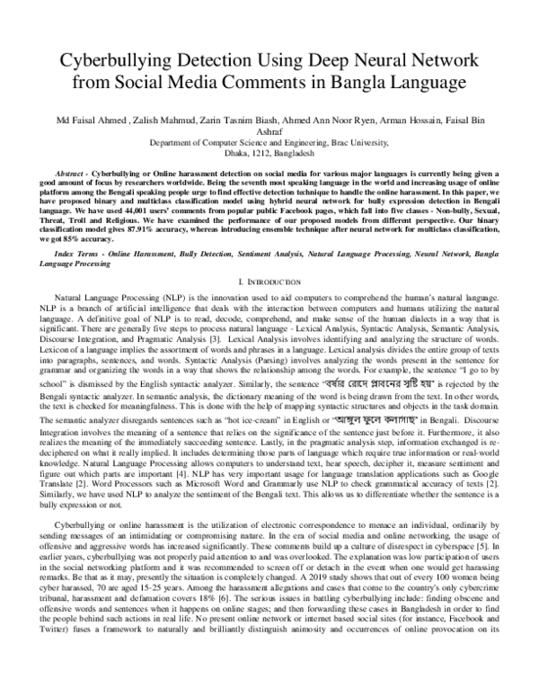 Pdf Cyberbullying Detection Using Deep Neural Network From Social