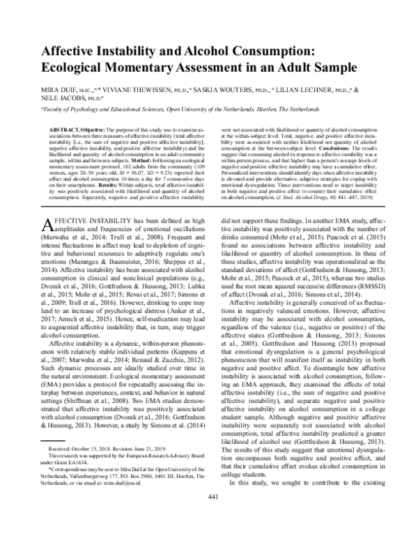 (PDF) Affective Instability and Alcohol Consumption: Ecological ...