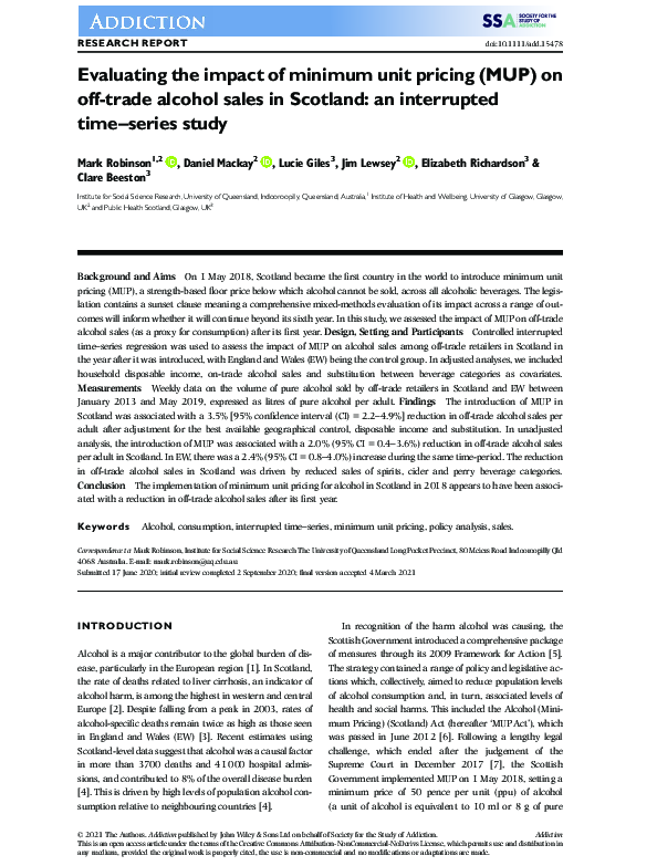 (PDF) Evaluating the impact of minimum unit pricing (MUP) on off‐trade ...