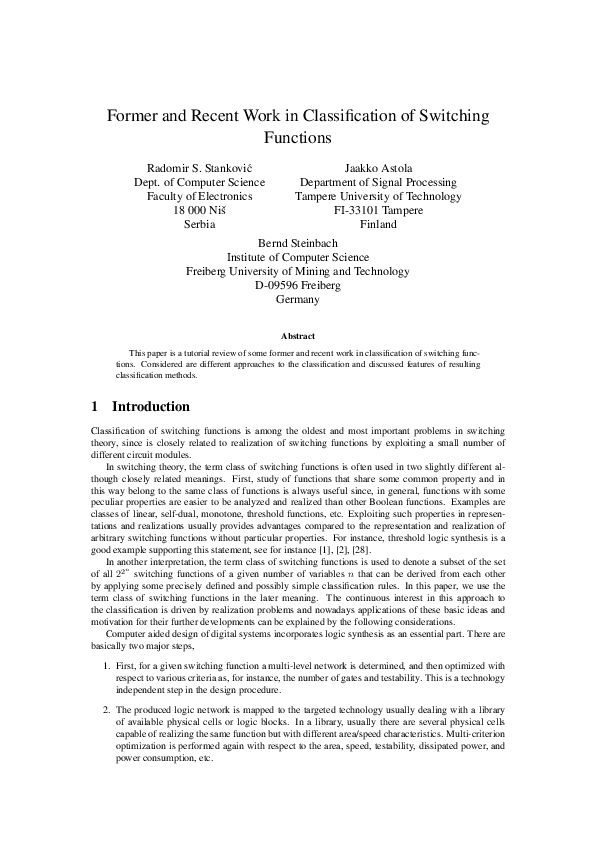Pdf Former And Recent Work In Classification Of Switching Functions Radomir Stankovic