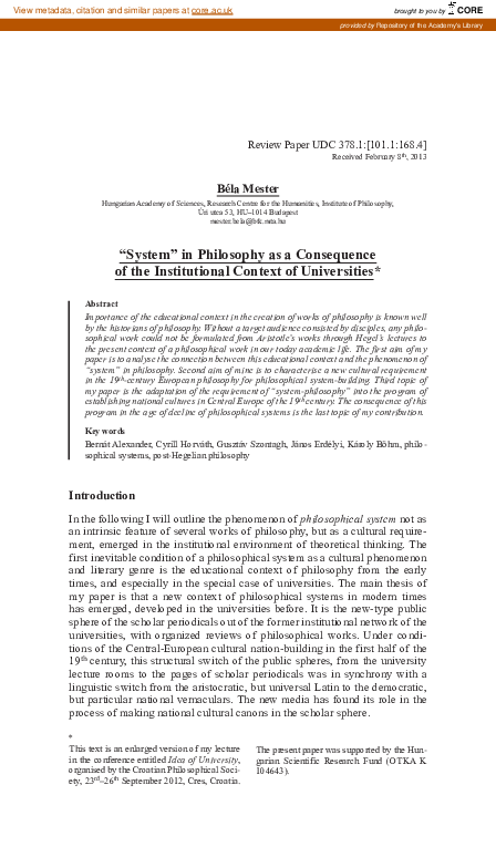 (PDF) System" in Philosophy as a Consequence of the Institutional Context of Universities