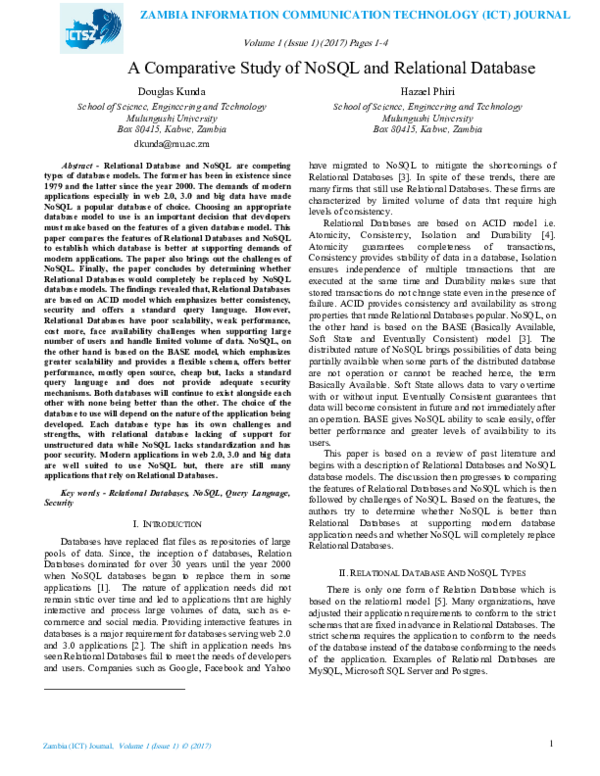 (PDF) A Comparative Study of NoSQL and Relational Database | Douglas ...