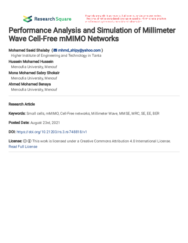 (PDF) Performance Analysis and Simulation of Millimeter Wave Cell-Free mMIMO Networks