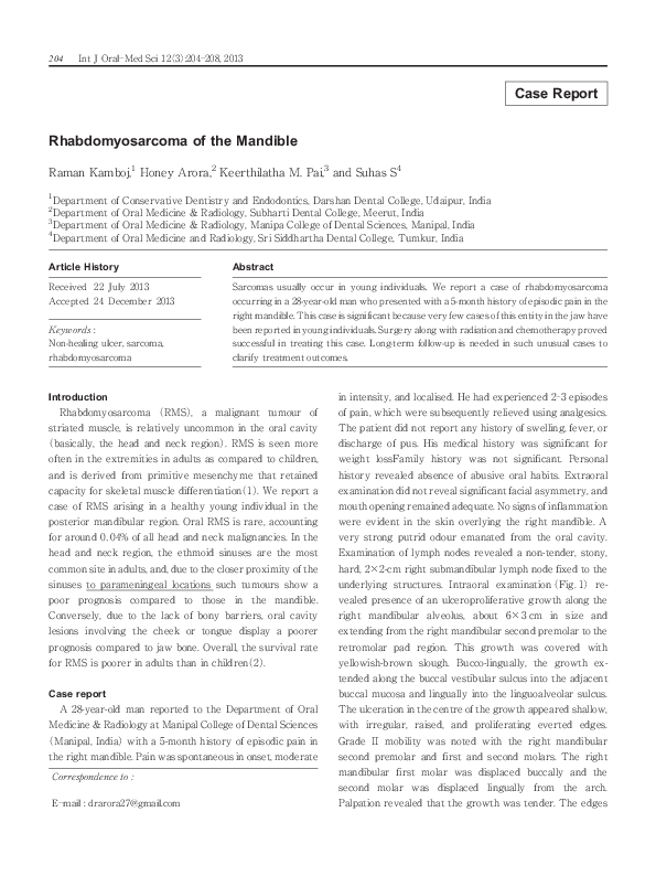 (PDF) Rhabdomyosarcoma of the Mandible Raman Kamboj | honey arora ...
