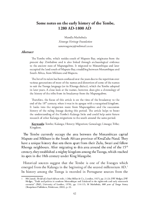 (PDF) Some notes on the early history of the Tembe, 1280 AD-1800 AD