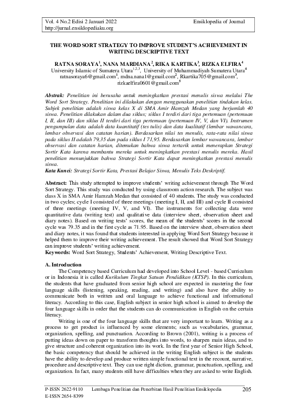 (PDF) The Word Sort Strategy to Improve Student’s Achievement in Writing Descriptive Text