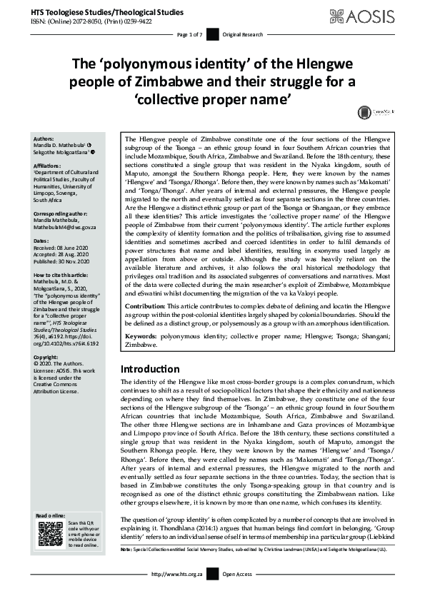 (PDF) The ‘polyonymous identity’ of the Hlengwe people of Zimbabwe and ...
