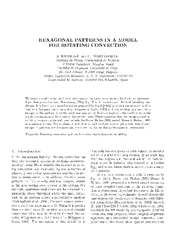 Pdf Hexagonal Patterns In A Model For Rotating Convection