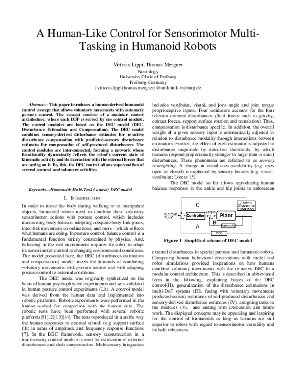 (PDF) A Human-Like Control for Sensorimotor Multi-Tasking in Humanoid Robots | Vittorio Lippi ...