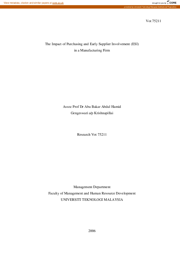(PDF) The Impact of Purchasing and Early Supplier Involvement (ESI) in ...
