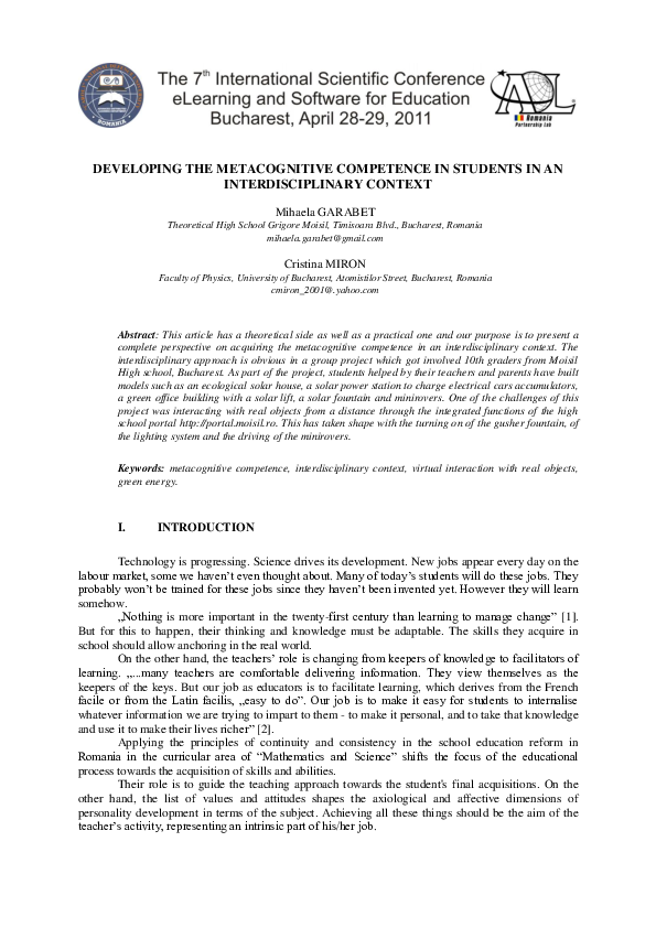 (PDF) Developing the Metacognitive Competence in Students in an Interdisciplinary Context
