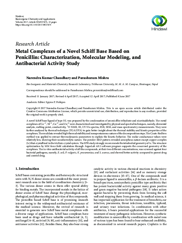 (PDF) Metal Complexes of a Novel Schiff Base Based on Penicillin: Characterization, Molecular ...