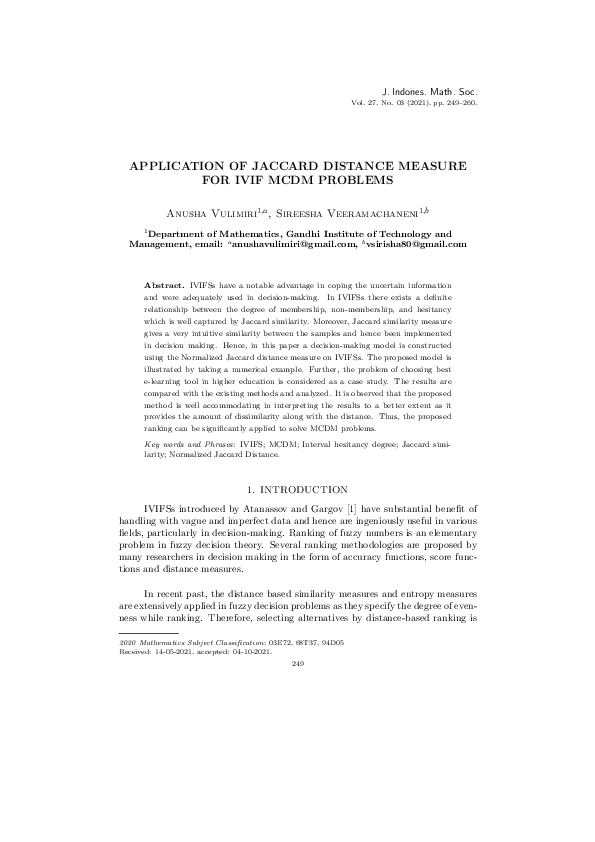 (PDF) Application of Jaccard Distance Measure for IVIF MCDM Problems