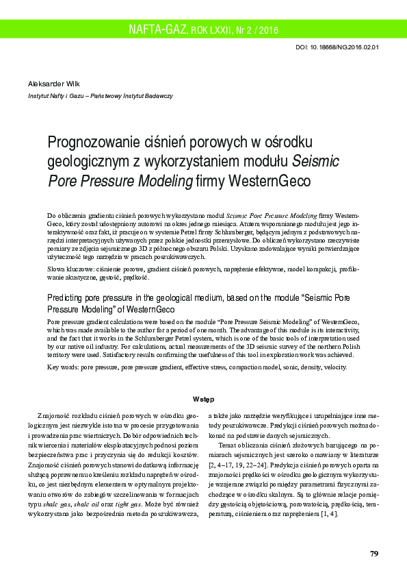 (PDF) geologicznym z wykorzystaniem modułu Seismic Pore Pressure ...