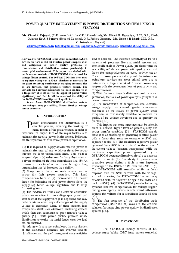 Pdf Power Quality Improvement In Power Distribution System Using D Statcom