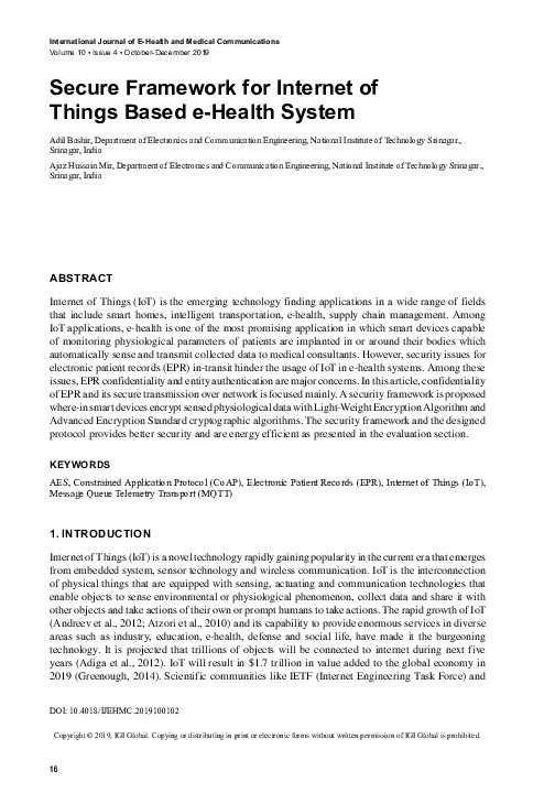 Pdf Secure Framework For Internet Of Things Based E Health System