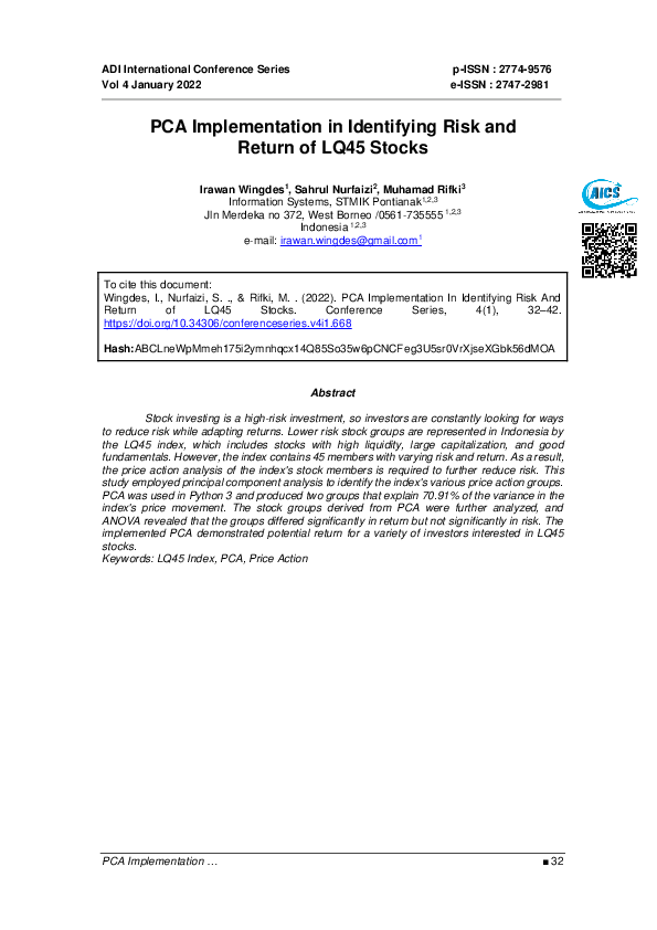 (PDF) PCA Implementation In Identifying Risk And Return of LQ45 Stocks