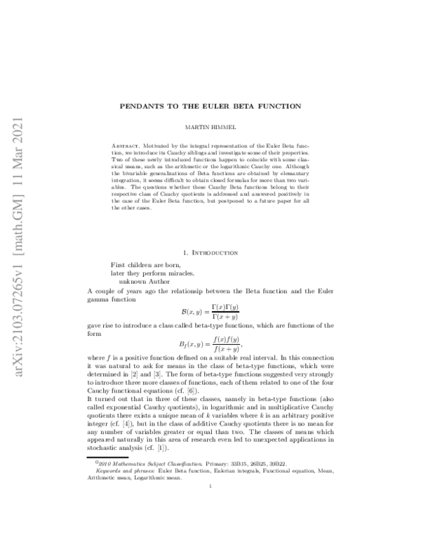 Pdf Pendants To The Euler Beta Function Martin Himmel