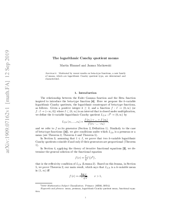 (PDF) The logarithmic Cauchy quotient means
