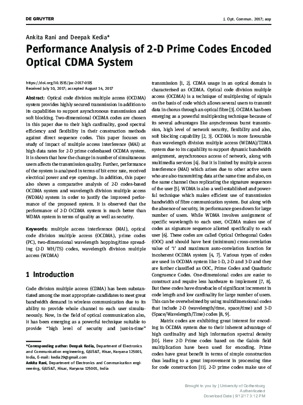 Pdf Performance Analysis Of 2 D Prime Codes Encoded Optical Cdma System