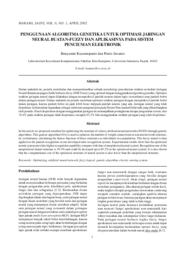 (PDF) Penggunaan Algoritma Genetika Untuk Optimasi Jaringan Neural Buatan-Fuzzy Dan Aplikasinya ...