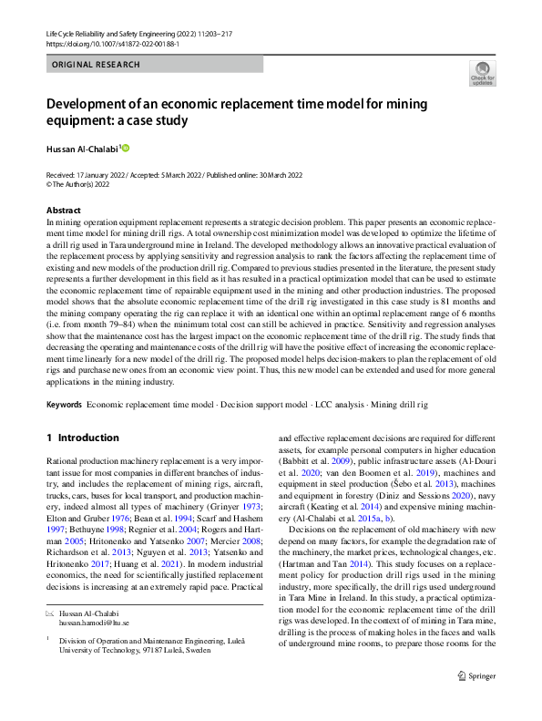 (PDF) Development of an economic replacement time model for mining ...