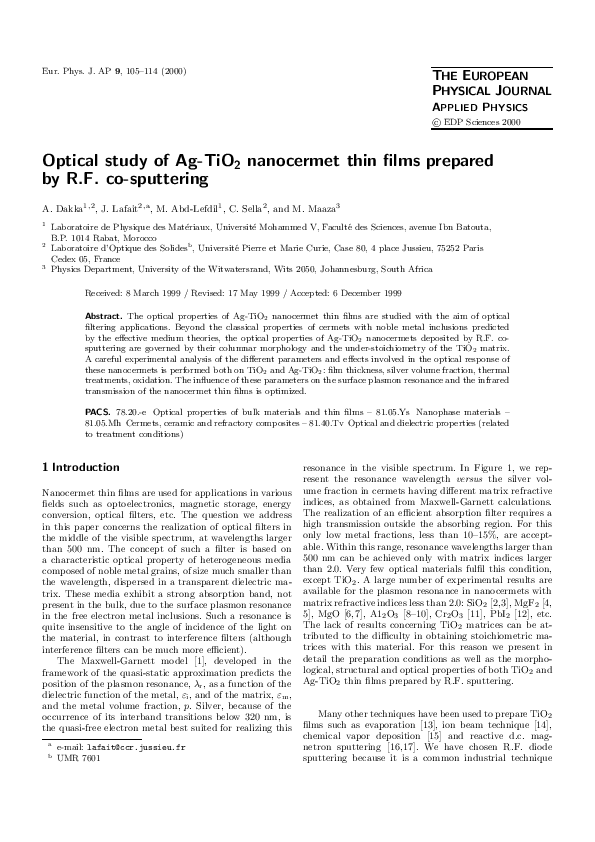 (PDF) Optical study of Ag-TiO 2 nanocermet thin films prepared by R.F. co-sputtering | Mohammed ...
