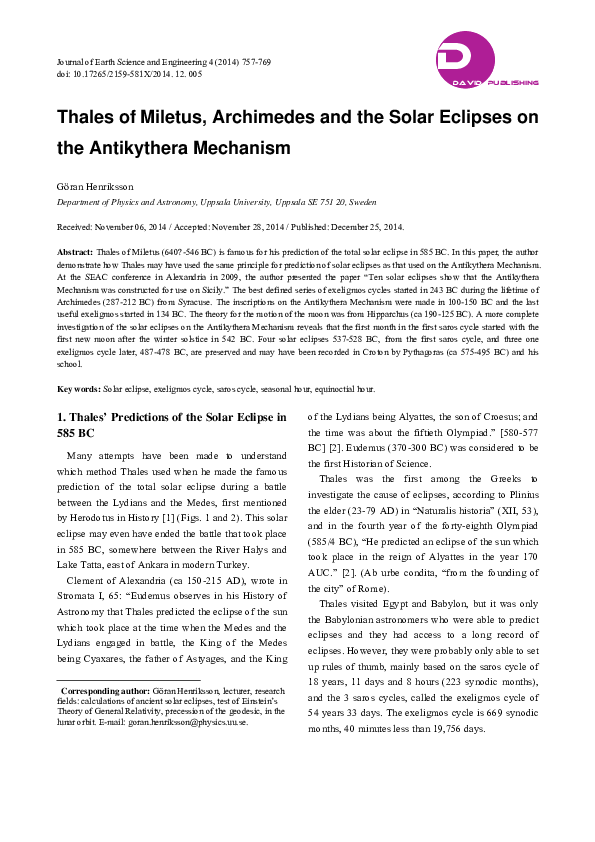(PDF) Thales of Miletus, Archimedes and the Solar Eclipses on the ...