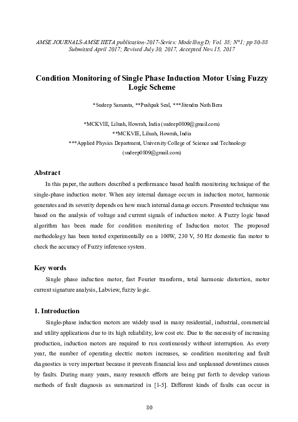 Pdf Condition Monitoring Of Single Phase Induction Motor Using Fuzzy Logic Scheme