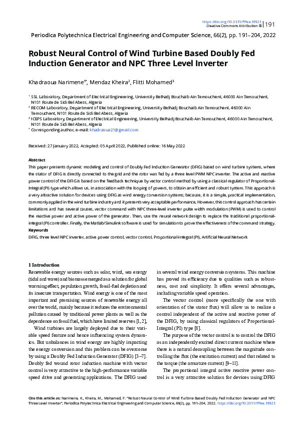 Pdf Robust Neural Control Of Wind Turbine Based Doubly Fed Induction Generator And Npc Three